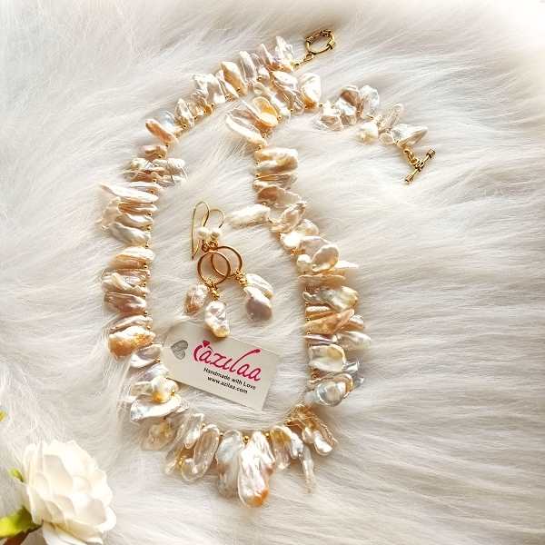 Contemporary Designer Biwa pearl necklace earrings set at 8850 Azilaa