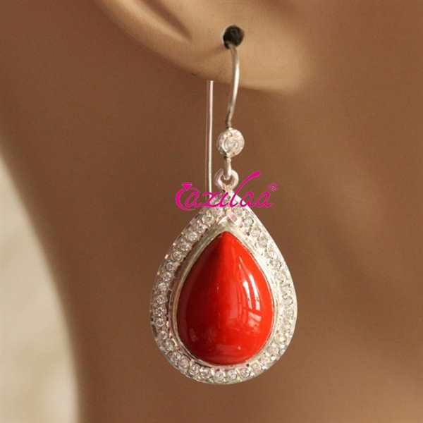 Coral red earrings, Designer sterling silver earrings at ₹9850 | Azilaa