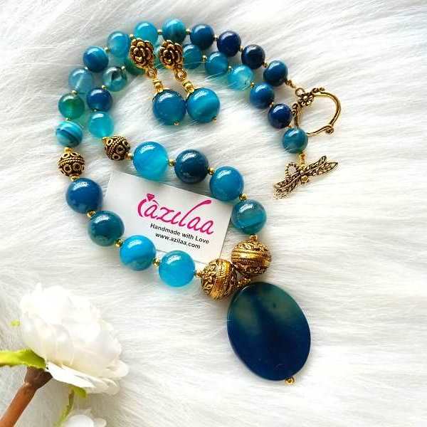 Custom order 26 inches Blue gemstone beaded handmade necklace set at ...
