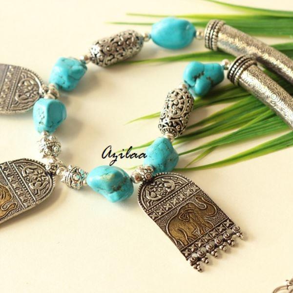 Ethnic Blue turquoise gemstone beaded handmade necklace set at ?3250 ...