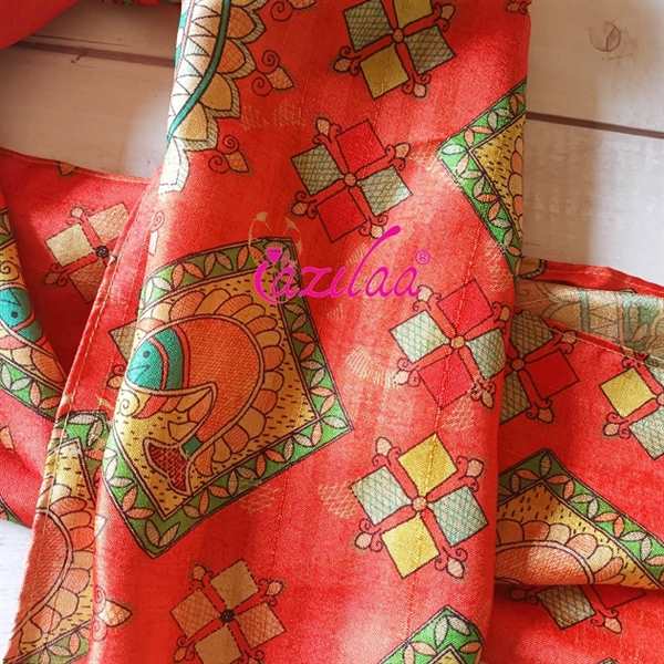 Ethnic print rust art Tusser silk scarf 1 at ₹1450 | Azilaa