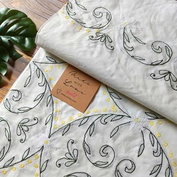 Floral white cotton hand embroidered table cloth 01 at ₹3450 | Azilaa