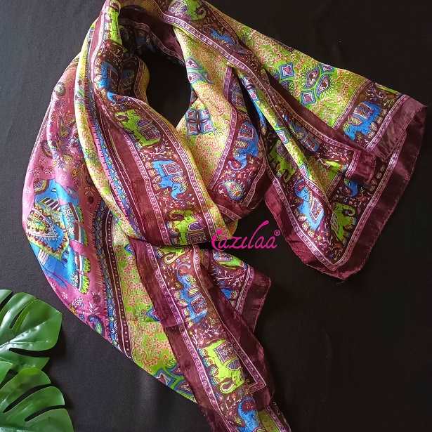 Gorgeous green natural silk animal print scarf at ₹2450 | Azilaa