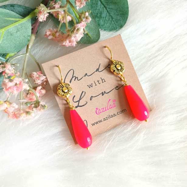 Hot Pink drop flower dangler earrings at ₹1600 | Azilaa