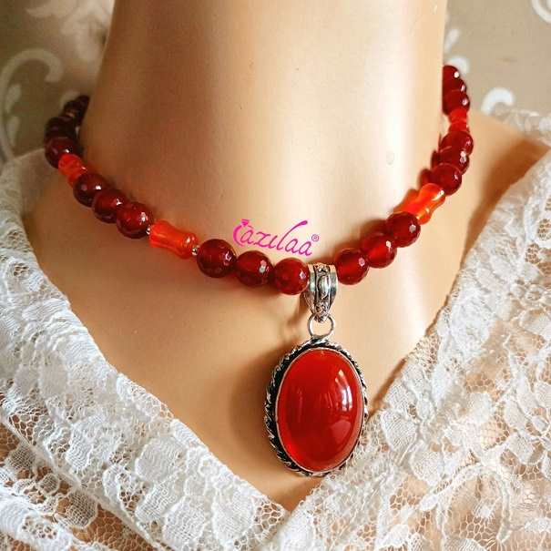 OOAK Red agate shaded gemstone pendant necklace set at ₹2750 | Azilaa