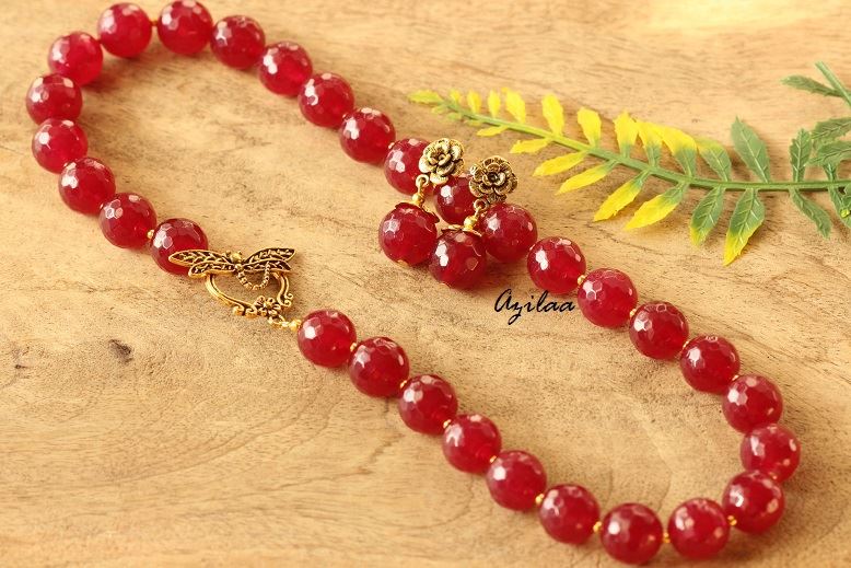 Reddish Maroon gemstone artisan handmade necklace set at ₹1950 | Azilaa
