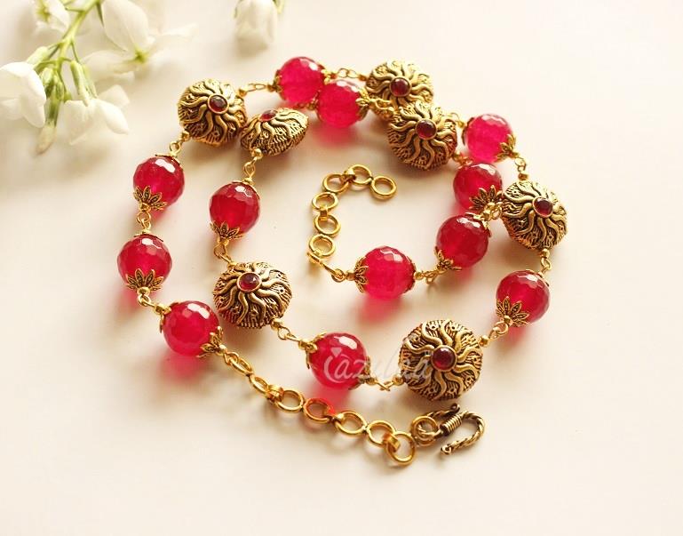 Ruby red beaded necklace set, Designer gemstone necklace at ₹3950 | Azilaa