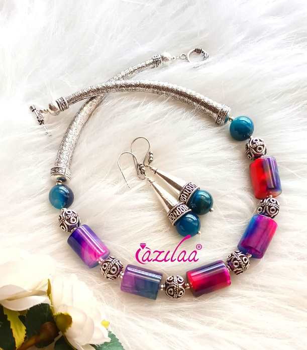 Statement Blue shade pink beaded gemstone choker necklace set at ₹3550 ...