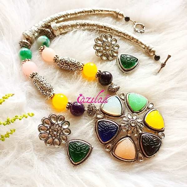 Statement multi color gemstone beaded necklace set at 4950 Azilaa