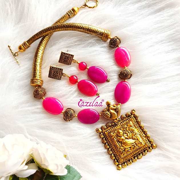 Statement pink shaded beaded gemstone necklace set at ₹3950 | Azilaa