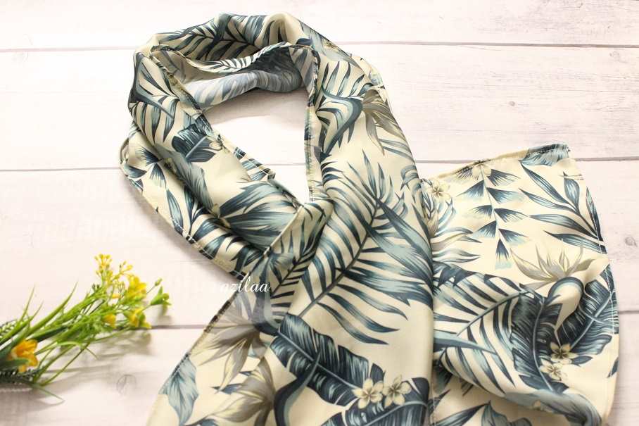 Tropical leaves cream satin scarf at ₹1250 | Azilaa