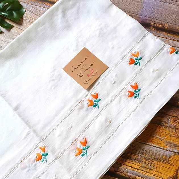 Tulips flower white cotton hand embroidered table cloth 01 at ₹2950 ...