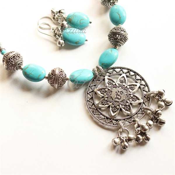 Turquoise blue OM pendant gemstone handmade necklace set at ₹2550 | Azilaa