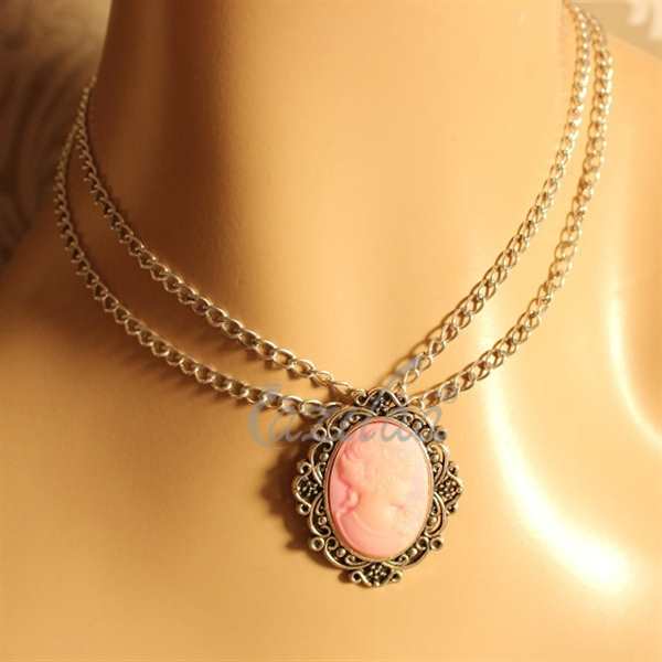 Vintage style layered chain choker pink pendant necklace at ₹1550 | Azilaa